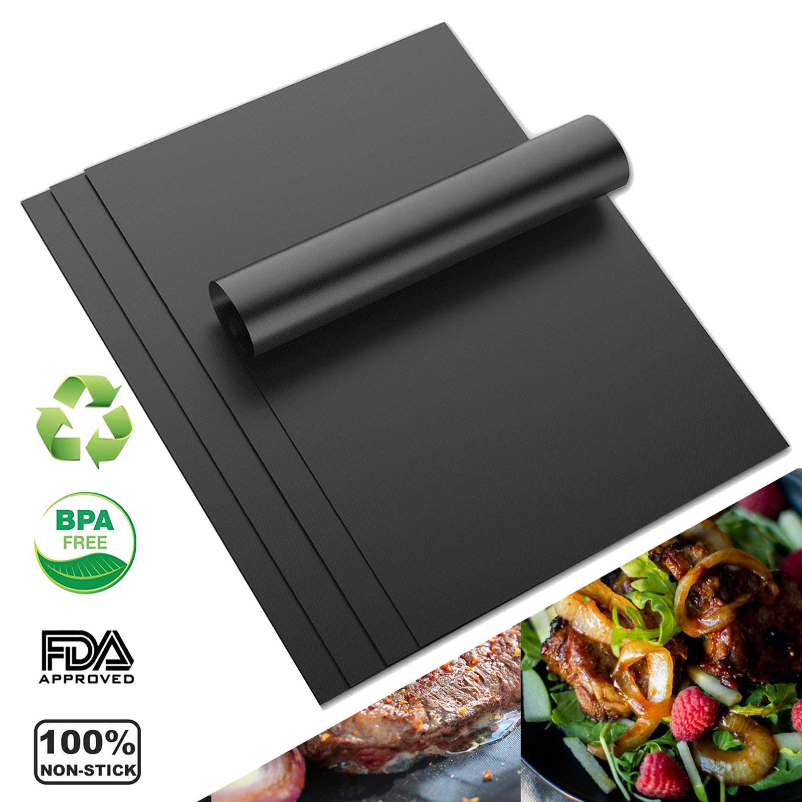 2 PCS Reusable Non-stick Black BBQ Grill Mat Barbecue Baking Liner ...