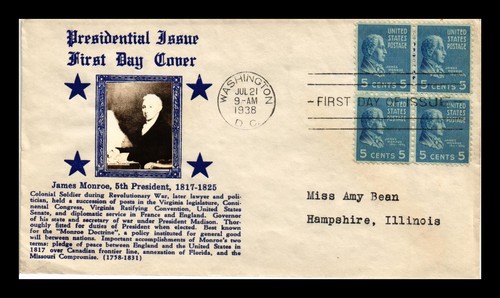 DR JIM STAMPS US COVER JAMES MONROE PRESIDENTIAL SERIES FDC BLOCK ...