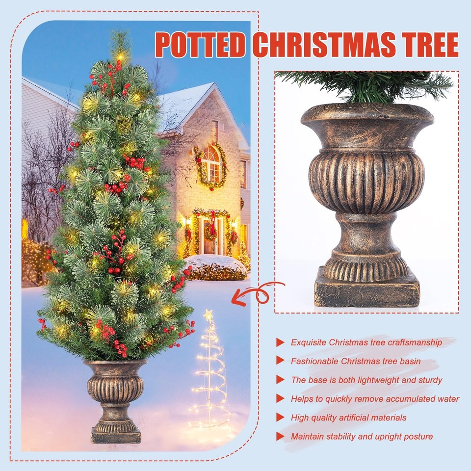 4ft Prelit Outdoor Christmas Tree with Timer Plug, Mixed Pine Potted ...