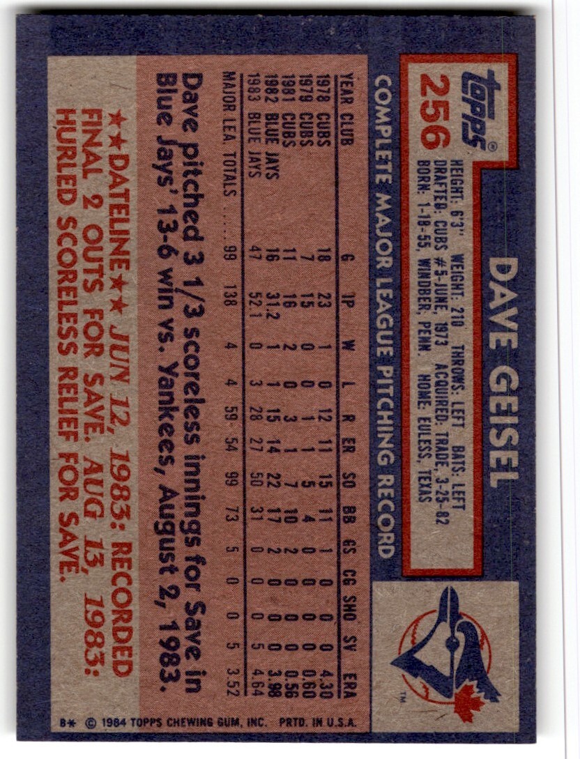 1984 Topps Dave Geisel #256 Toronto Blue Jays | eBay