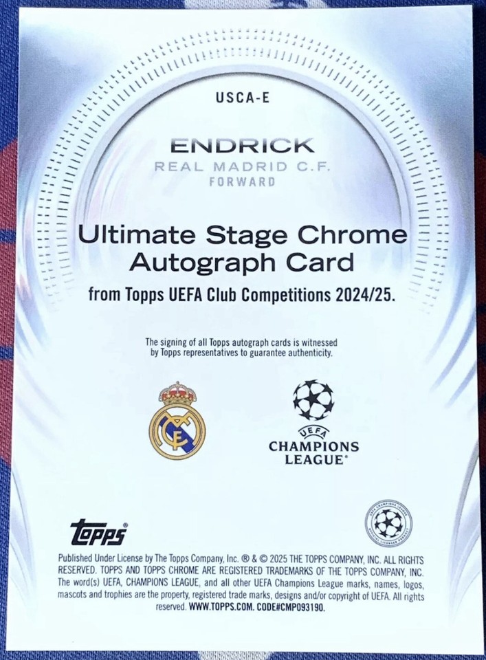 2024/25 Topps UEFA Endrick RC Ultimate Stage Chrome Auto SSP Card Real ...