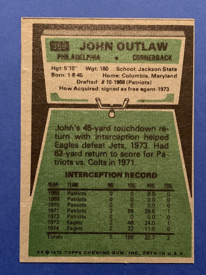 JOHN OUTLAW Signed 1975 Topps #369 Eagles Patriots Jackson State ...