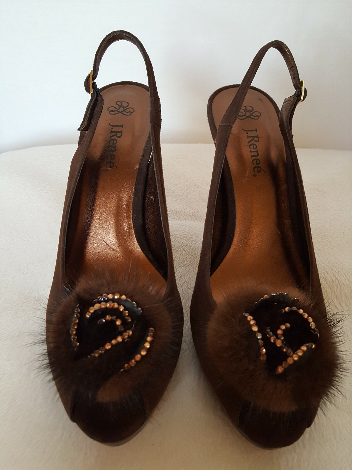 J.Renee Fallon Women 9.5N Brown Suede Peep Toe Platform Heel Pumps Fur ...