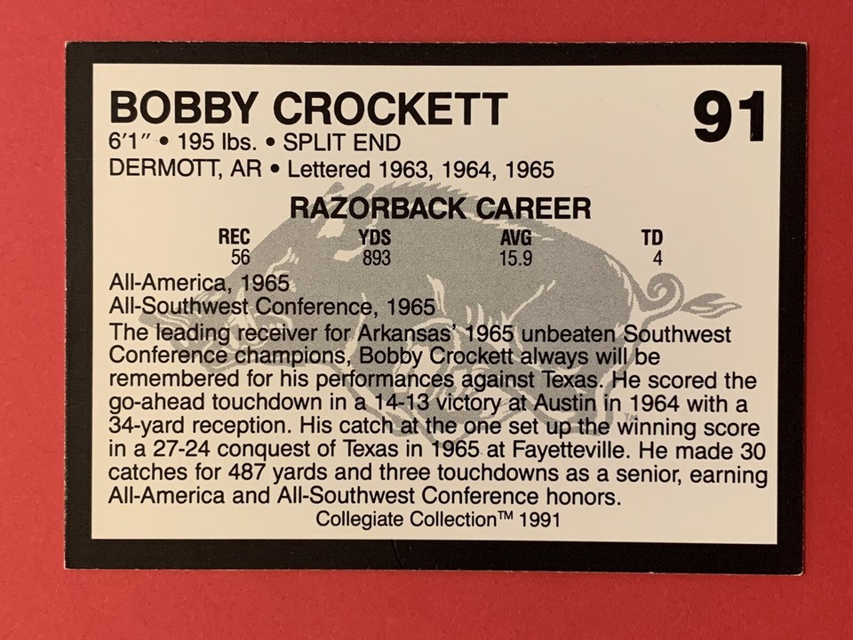 BOBBY CROCKETT Signed 1991 Collegiate #91 Arkansas Razorbacks Autograph ...