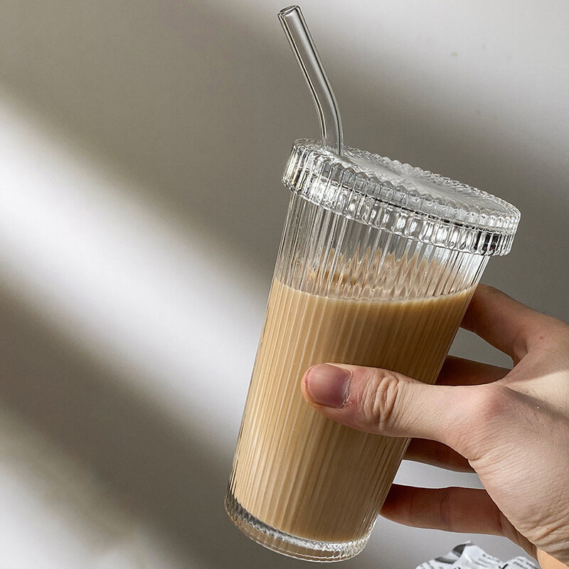 With Lid And Straw Transparent Mug Milk Coffee Mug Stripe Glass Cup Tea ...