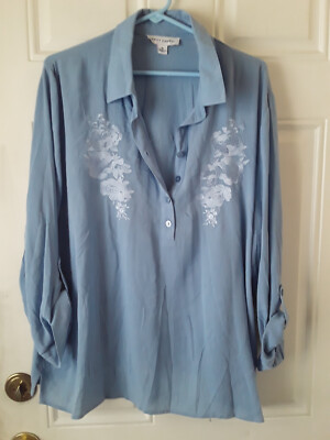 Emily Daniels size XL Blue embroidered button v neck Shirt Rolltab ...