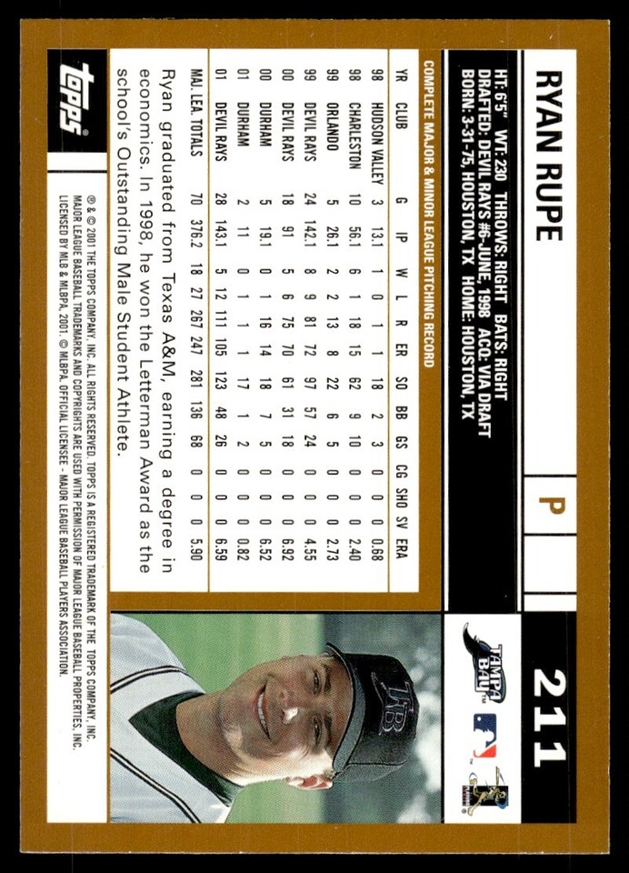 2002 Topps Baseball Card Ryan Rupe A Tampa Bay Devil Rays #211 | eBay