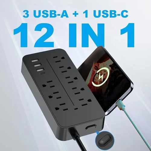 US Power Strip Surge Protector 8 AC Outlets 3 USB Ports + Type C Port 4 ...