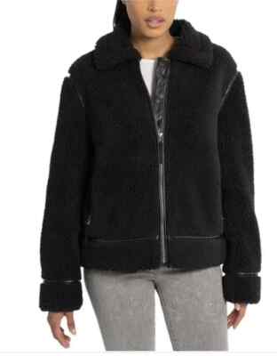 BEARPAW Womens Jacket Black Moto Faux Shearling Pockets Full-Zip ...