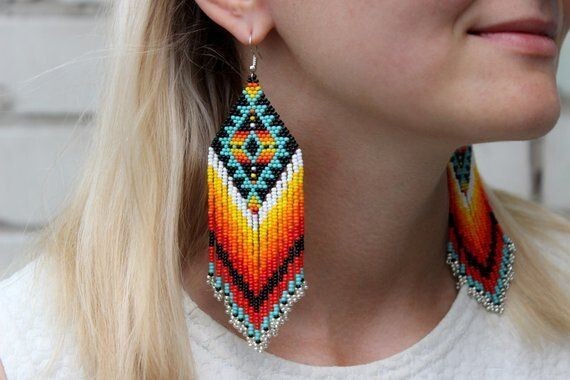 Tribal Earrings Native Large Boho American Seed Beads Handmade Earring ...