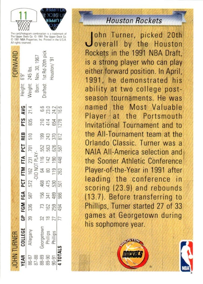1991-92 Upper Deck Basketball Card John Turner Houston Rockets #11 | eBay