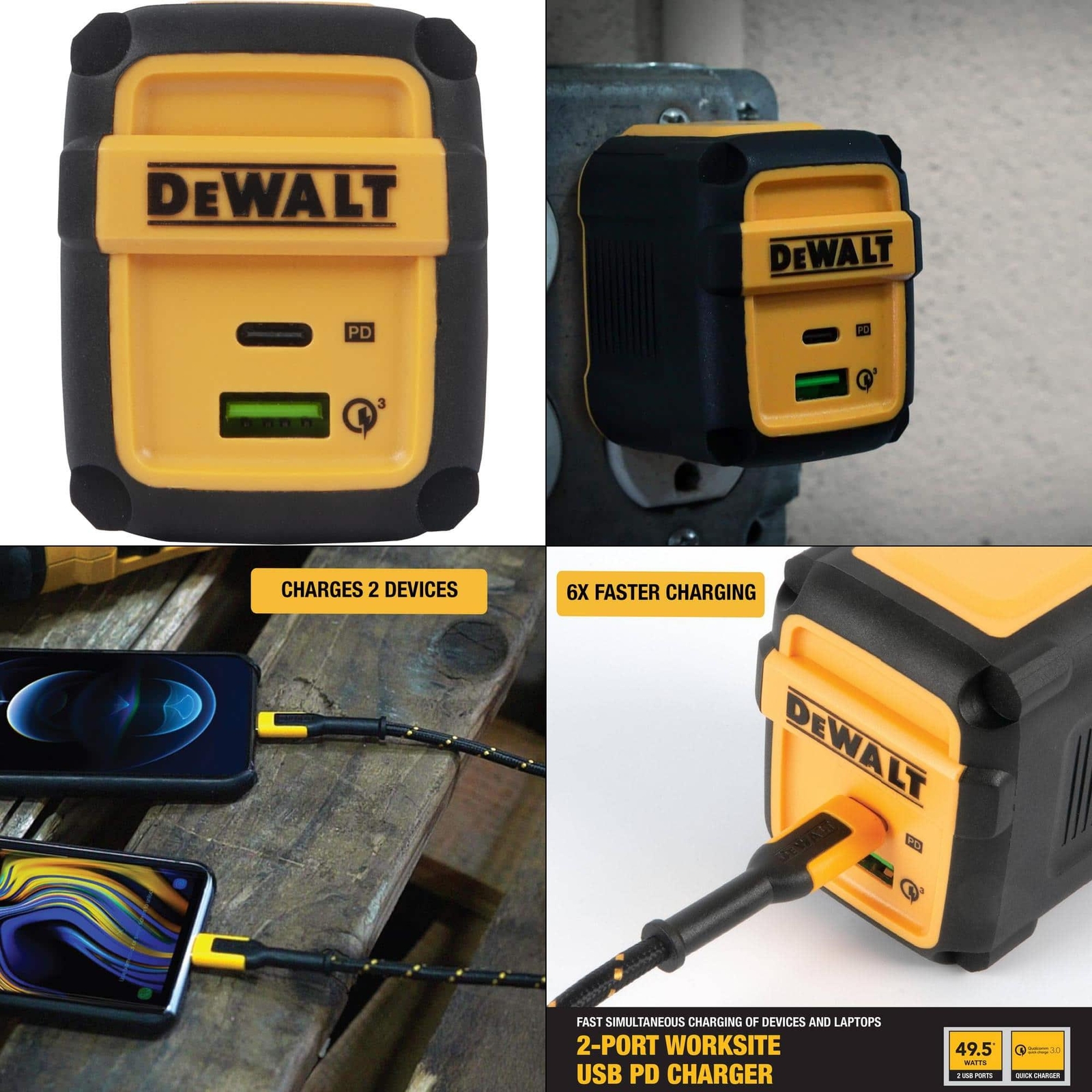 50-watt 2-port Worksite Usb Pd Charger | Dewalt Port Black/yellow Power ...