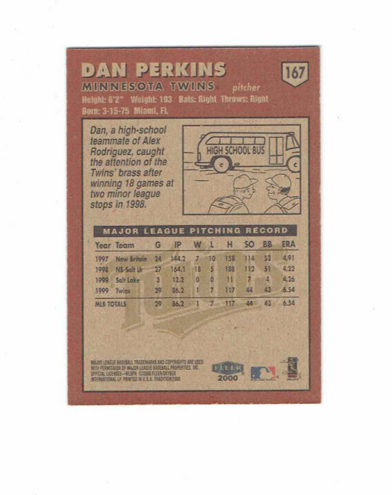 Dan Perkins Minnesota Twins Pitcher #167 Fleer Tradition 2000 #Baseball ...