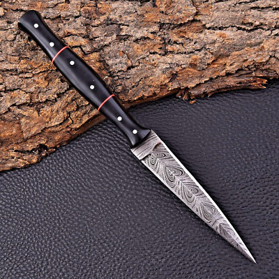 CUSTOM MADE FORGED DAMASCUS STEEL BOOT HUNTING KNIFE W LEATHER SHEATH ...