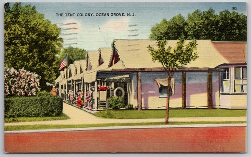 c1940 Ocean Grove New Jersey NJ Tent Colony Motel Flag Linen Postcard ...