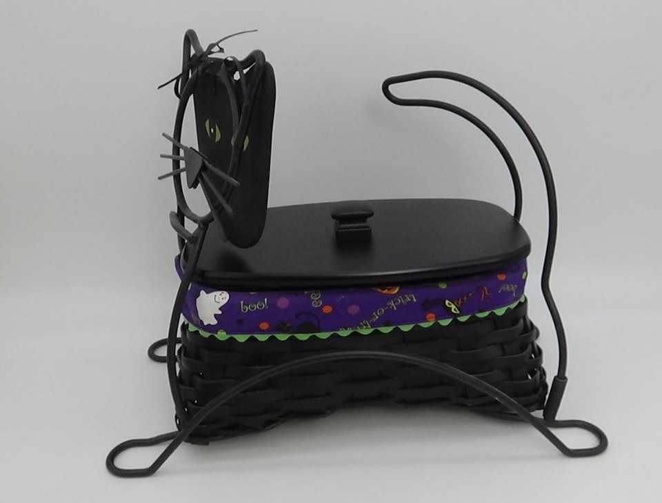 Longaberger 2009 Black Cat Basket Set Wrought Iron w 2 Knobs Rare Face ...