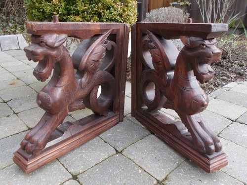 Pair of Antique hand Carved Wood Corbel Gothic winged Gargoyle Chimera ...