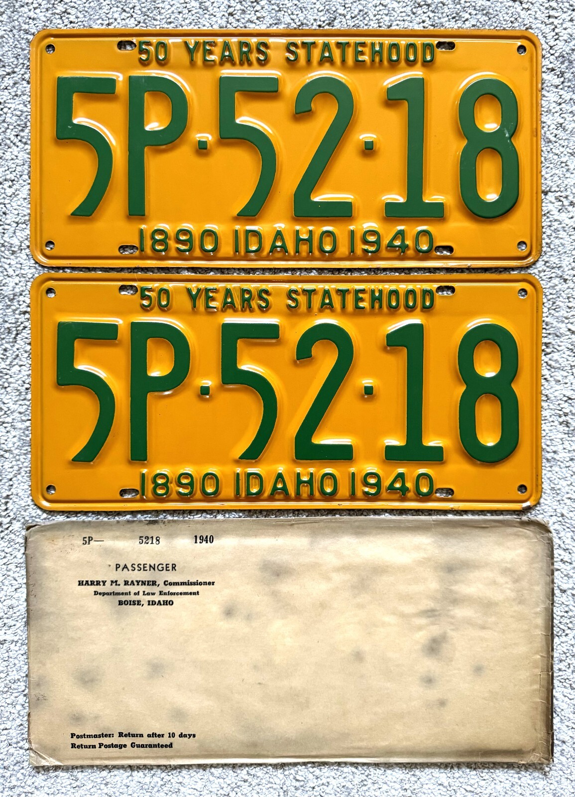 1940 Idaho License Plate Pair - Original Mailing Envelope - Near Mint ...