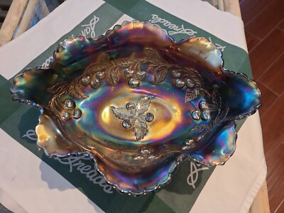 Carnival Glass Fruit Dugan 13x9.75" Bowl Cherry Amethyst Wreath Feather ...