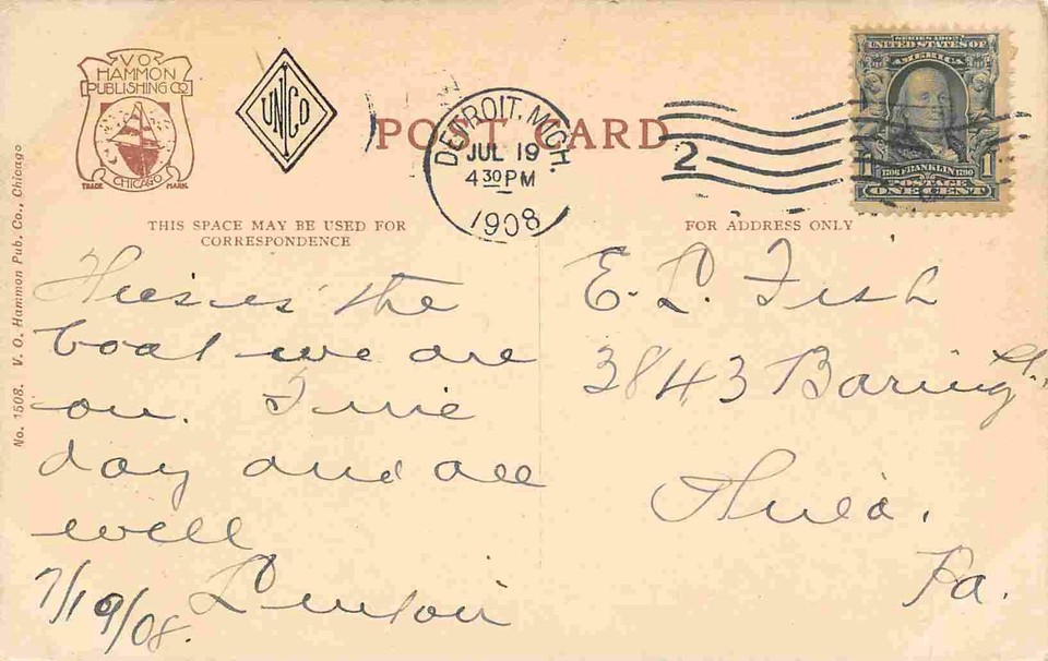 Steamer North West Detroit Michigan postmark 1908 postcard | eBay