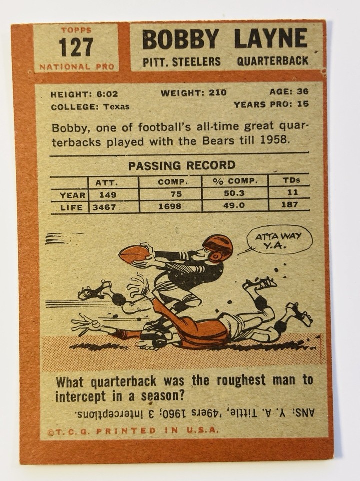 Bobby Layne 1962 Topps #127 Pittsburgh Steelers VG | eBay