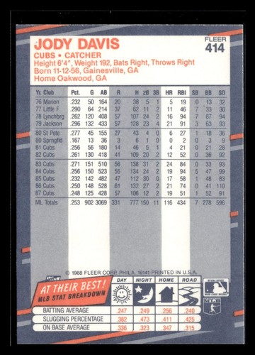 Jody Davis 1988 Fleer #414 Chicago Cubs *027 | eBay