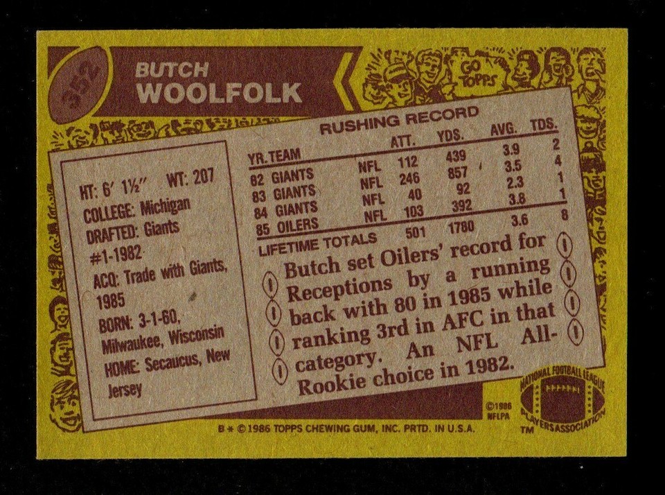 1986 Topps #352 Butch Woolfolk Houston Oilers Football Card NM/MT+ | eBay