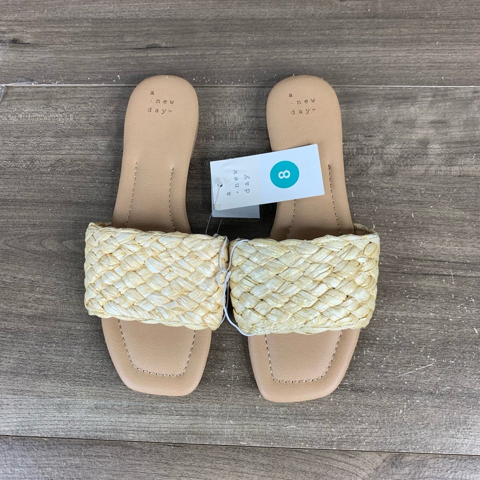 A New Day Womens Carissa Straw Sandals Slide Open Toes Beige Memory ...
