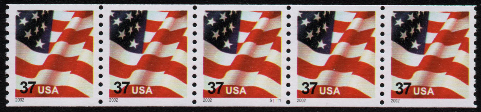 USA, SCOTT # 3631, COIL STRIP OF 5 PNC #S1111 YEAR 2002 FLAG WATER ...