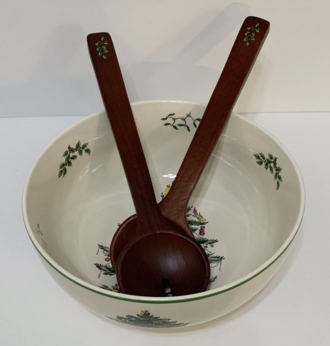 Spode Christmas Tree Salad Bowl Set Wood Serving Spoons Royal China Co ...