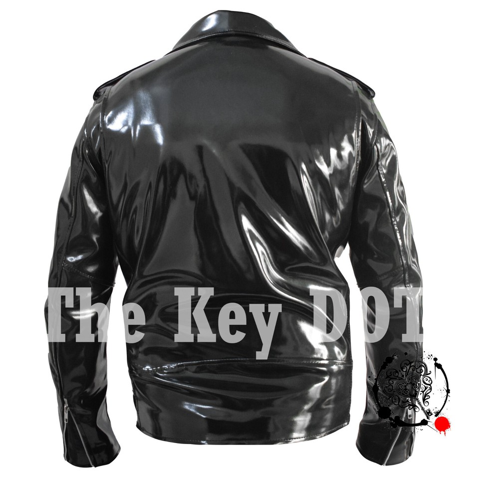 Men PVC Vinyl Jacket Glossy Black WET Look Motorcycle Jacket Rock Star ...