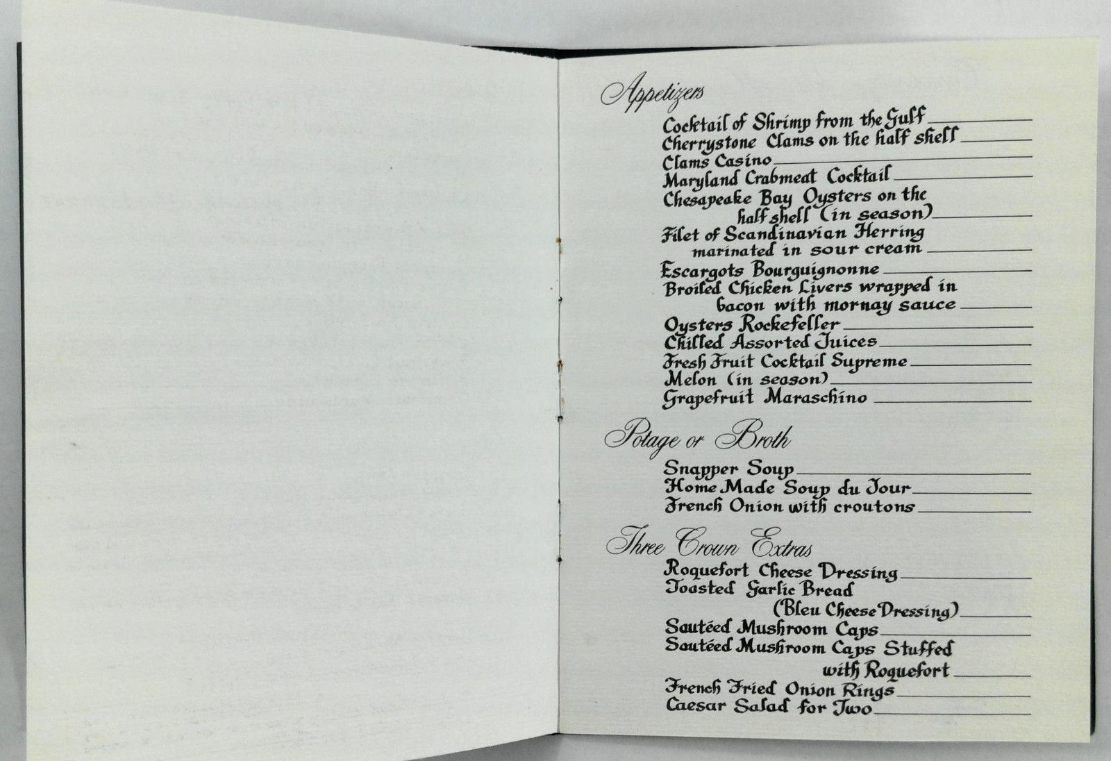 Vintage Original Menu THE THREE CROWNS Restaurant Lancaster ...