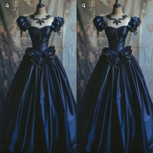 Gothic Halloween Prom Dresses Navy Blue Satin Evening Celebration Ball ...