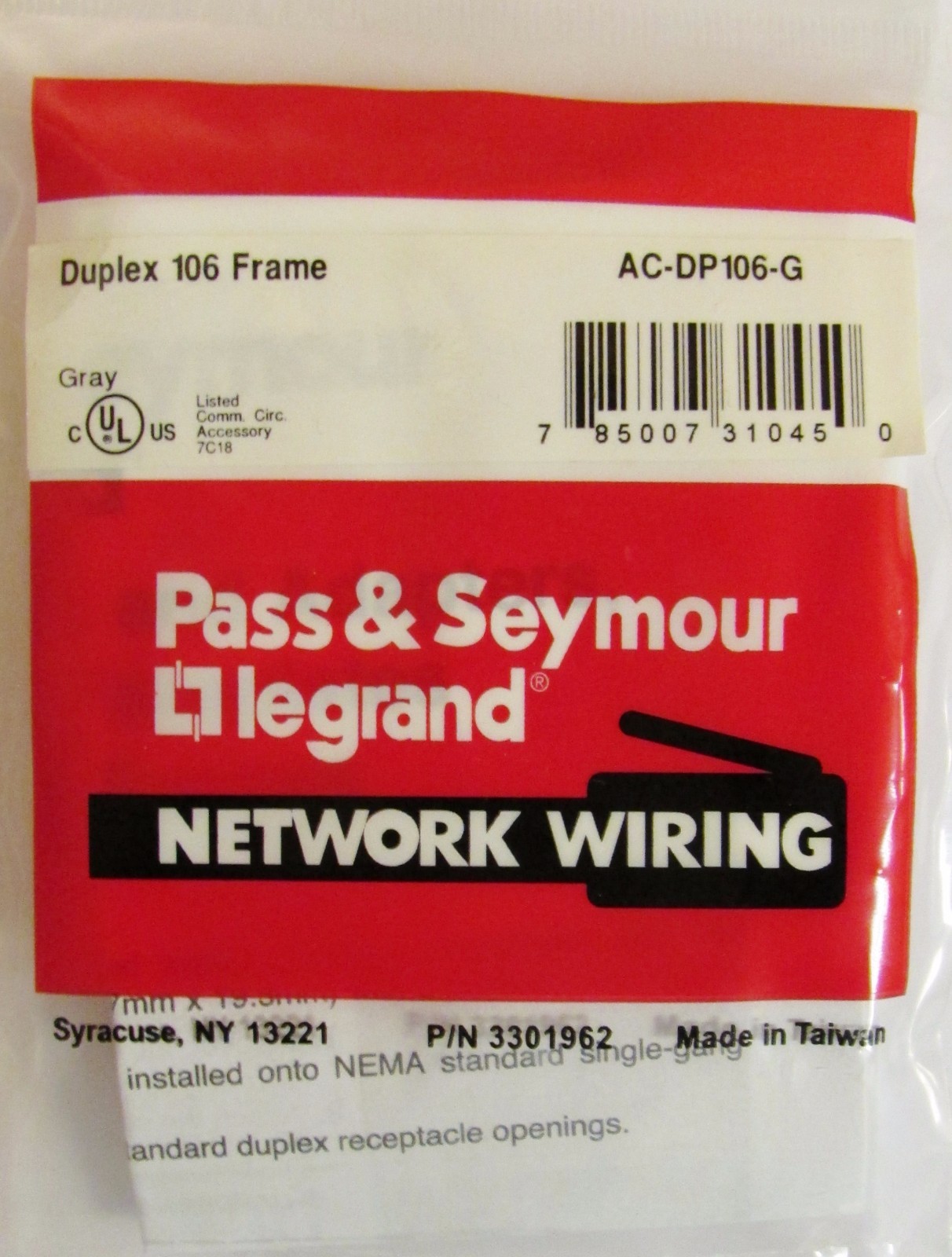 Pass & Seymour Legrand AC Dp106 G Duplex 106 Frame Gray Keystone ...