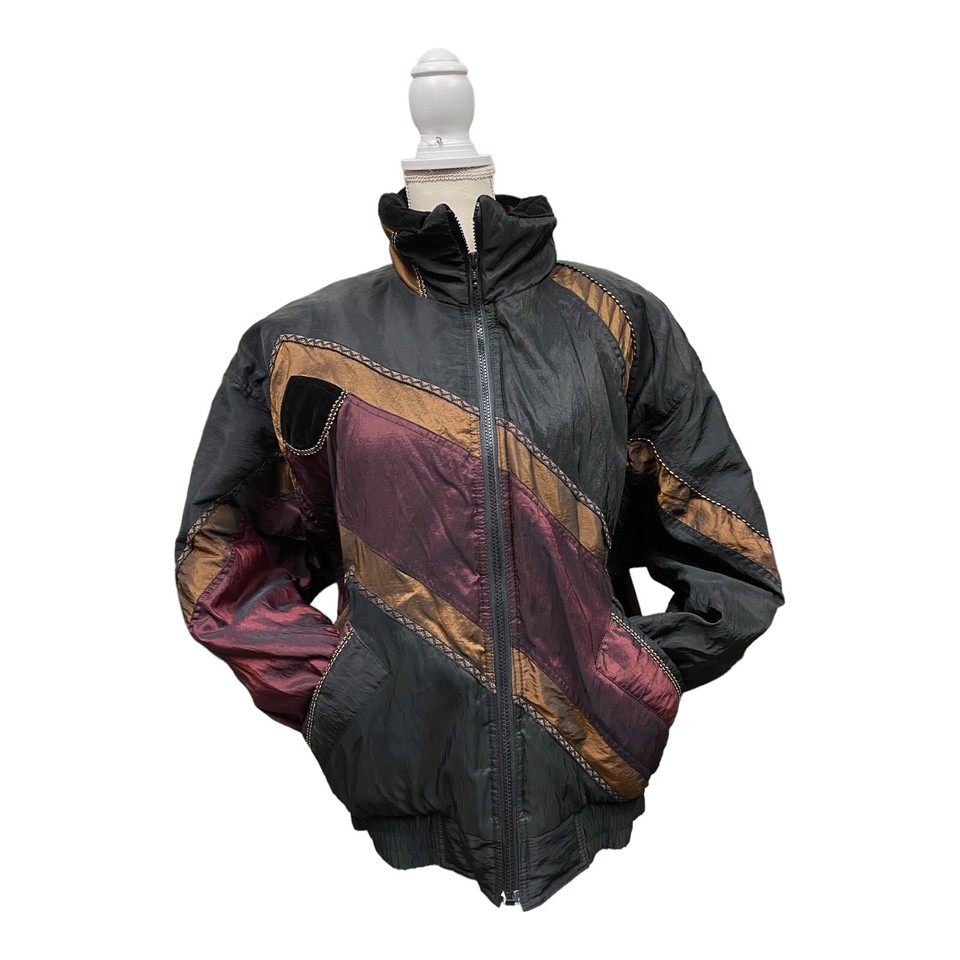 Vintage IZZI Ski Jacket Metallic Burgundy Black Zip Patchwork Stranger ...