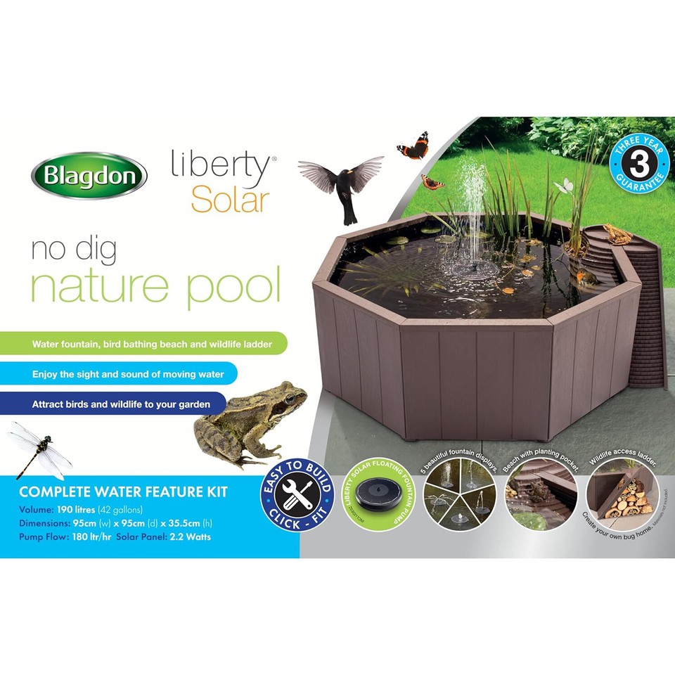 Blagdon No Dig Nature Pool Garden Wildlife Pond & Solar Fountain Above ...