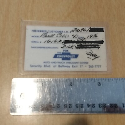 Fox Chevrolet Preferred Customer card 1986 Monte Carlo vintage | eBay