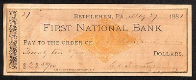 Bethlehem, PA 1881 First National Bank Check #37 w/ Tax Stamp | eBay