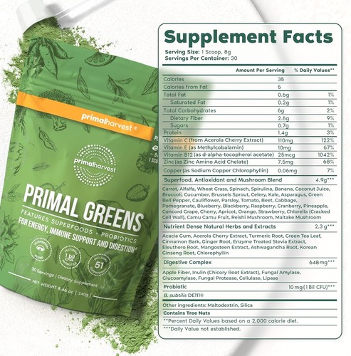 Primal Harvest Super Greens Powder, 30 Original Size 8.46 Ounce (Pack ...