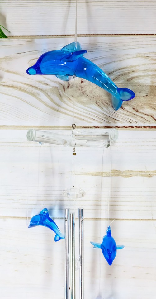 Nautical Marine Blue Swimming Dolphin Acrylic Glass Wind Chime 22"L Sea ...