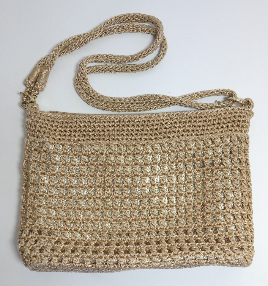 THE Sak Purse Woven Crochet Zipper Bag Tan Gold Underlay Boho ...