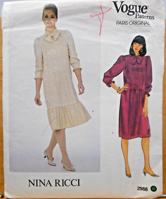 Vintage Vogue Paris Original Pattern 2988 Dress 2 Styles Nina Ricci Sz ...