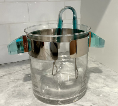 Vintage REDE GUZZINI Glass Ice Bucket & Tongs w Aqua Green Lucite ...