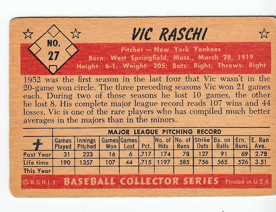 Vic Raschi 1953 Bowman Color ML Baseball Card #27 NY Yankees | eBay