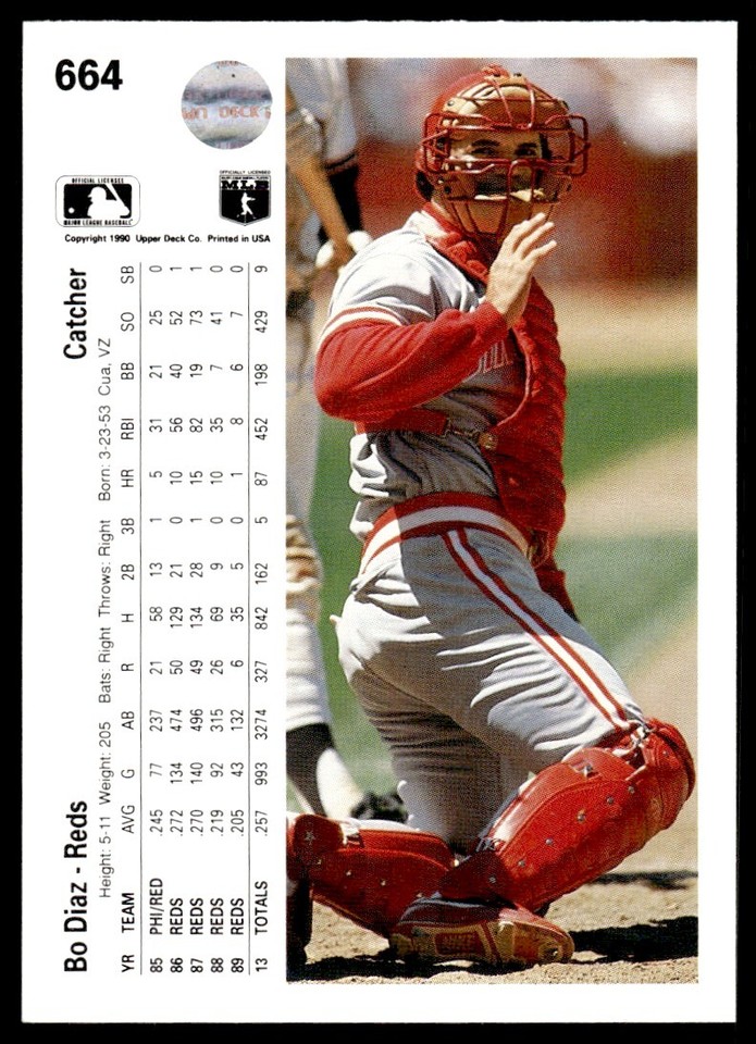 1990 Upper Deck Baseball Card Bo Diaz Cincinnati Reds #664 | eBay