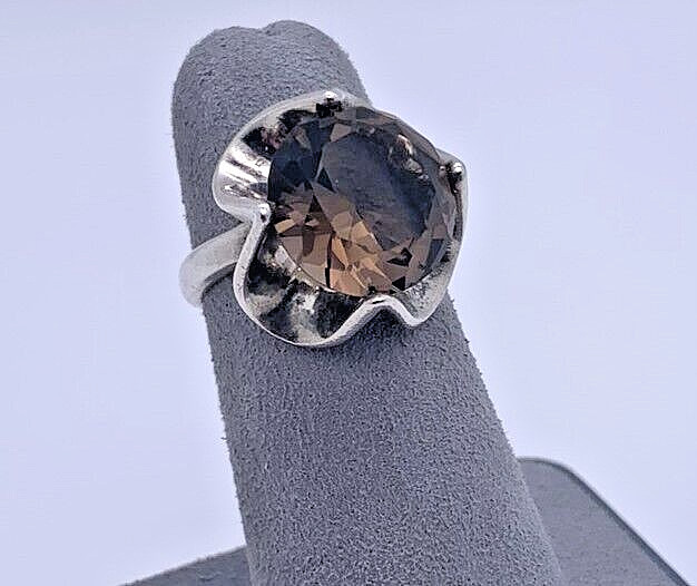Vintage JS Sterling Silver Smokey Stone Ring Size- 6 - Gem