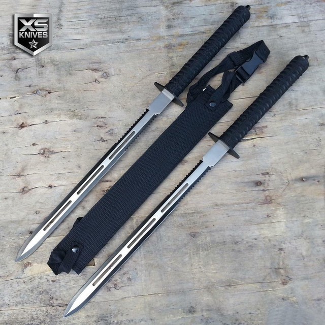 26" 2pc Ninja Sword Set Full Tang Machete Tactical Katana w/ SHOULDER ...