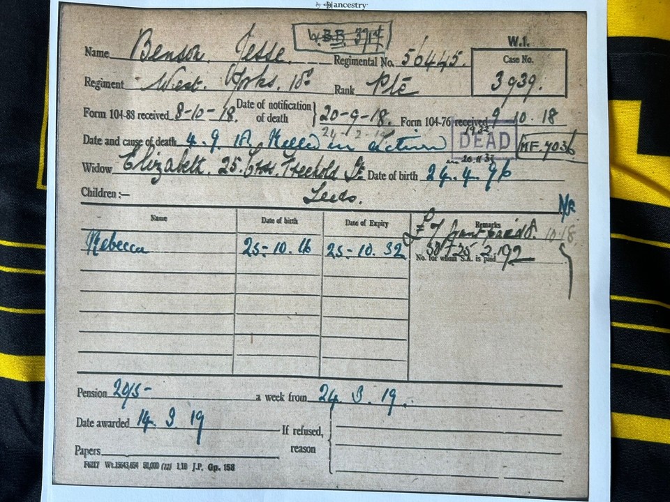 WW1 Medal Benson West Yorkshire Regiment KIA Casualty Leeds Man ...