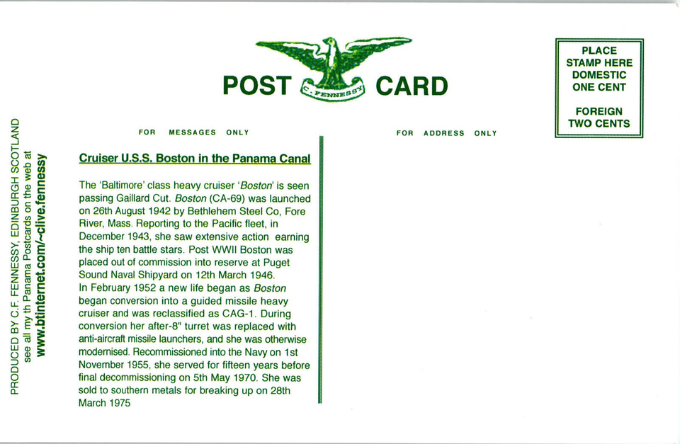 USS Boston CAG-1 at Gaillard Cut Canal Zone Postcard Guided Missile ...