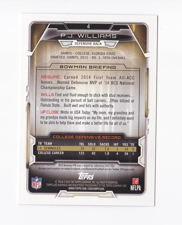 2015 Bowman Purple #4 P.J. Williams Baltimore Ravens Florida State FSU ...